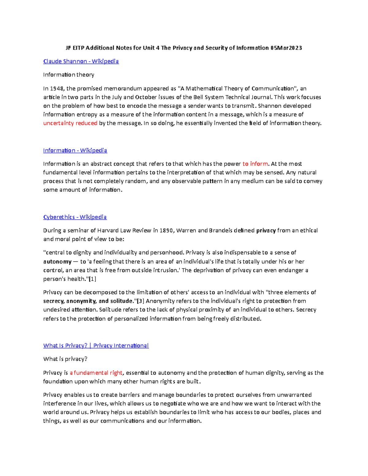 JF EITP Additional Notes for Unit 4 The Privacy and Security of ...