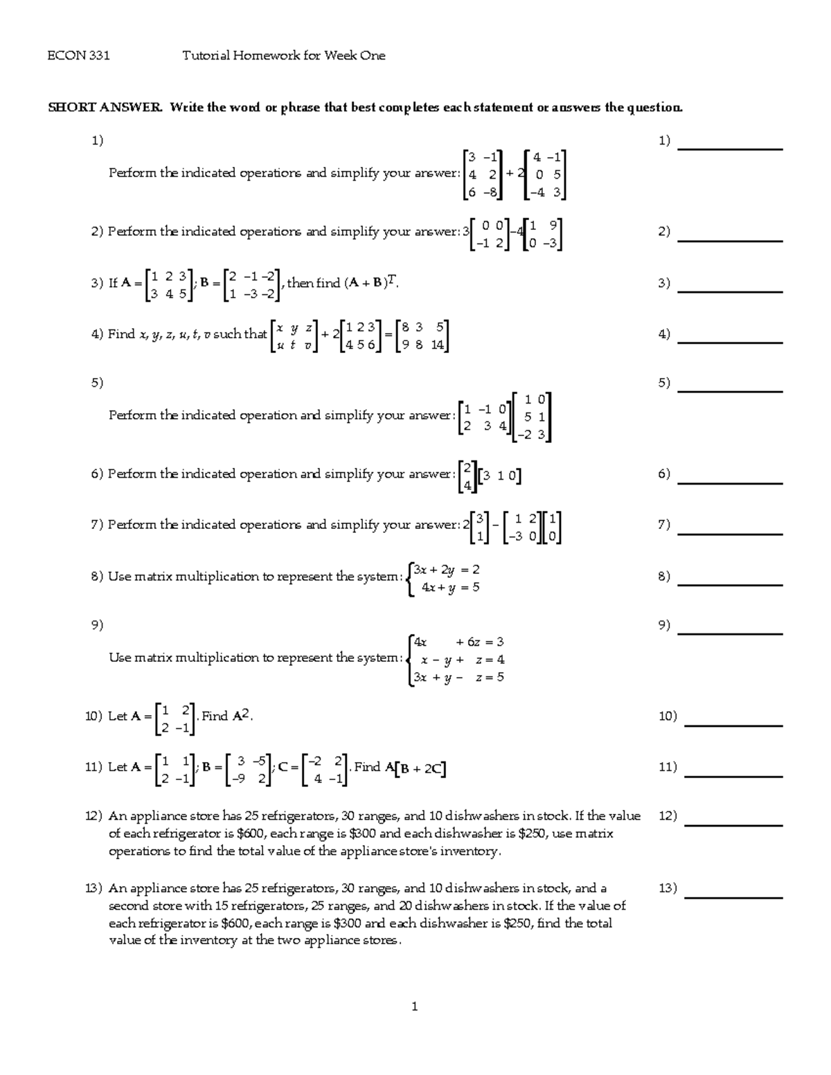 Matrix Algebra Practice problems 1 - ECON 331 Tutorial Homework for ...