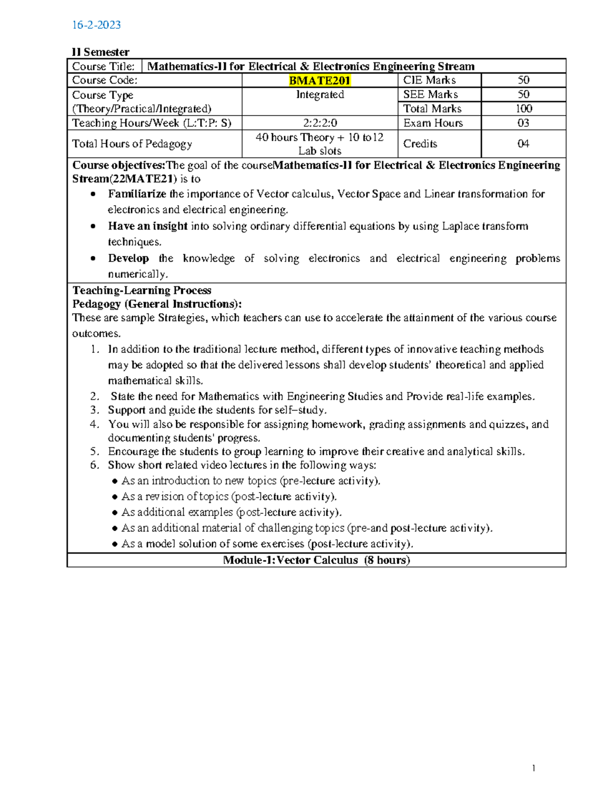 Bmate 201 - II Semester Course Title: Mathematics-II for Electrical ...