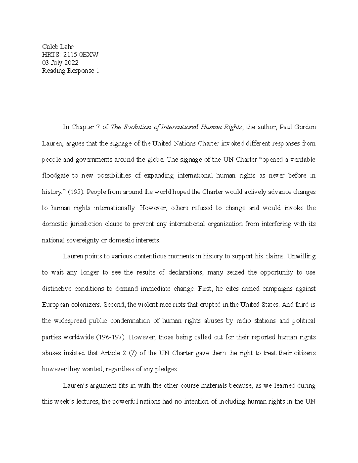 Response Paper #1 - Chapter 7 of The Evolution of International Human ...
