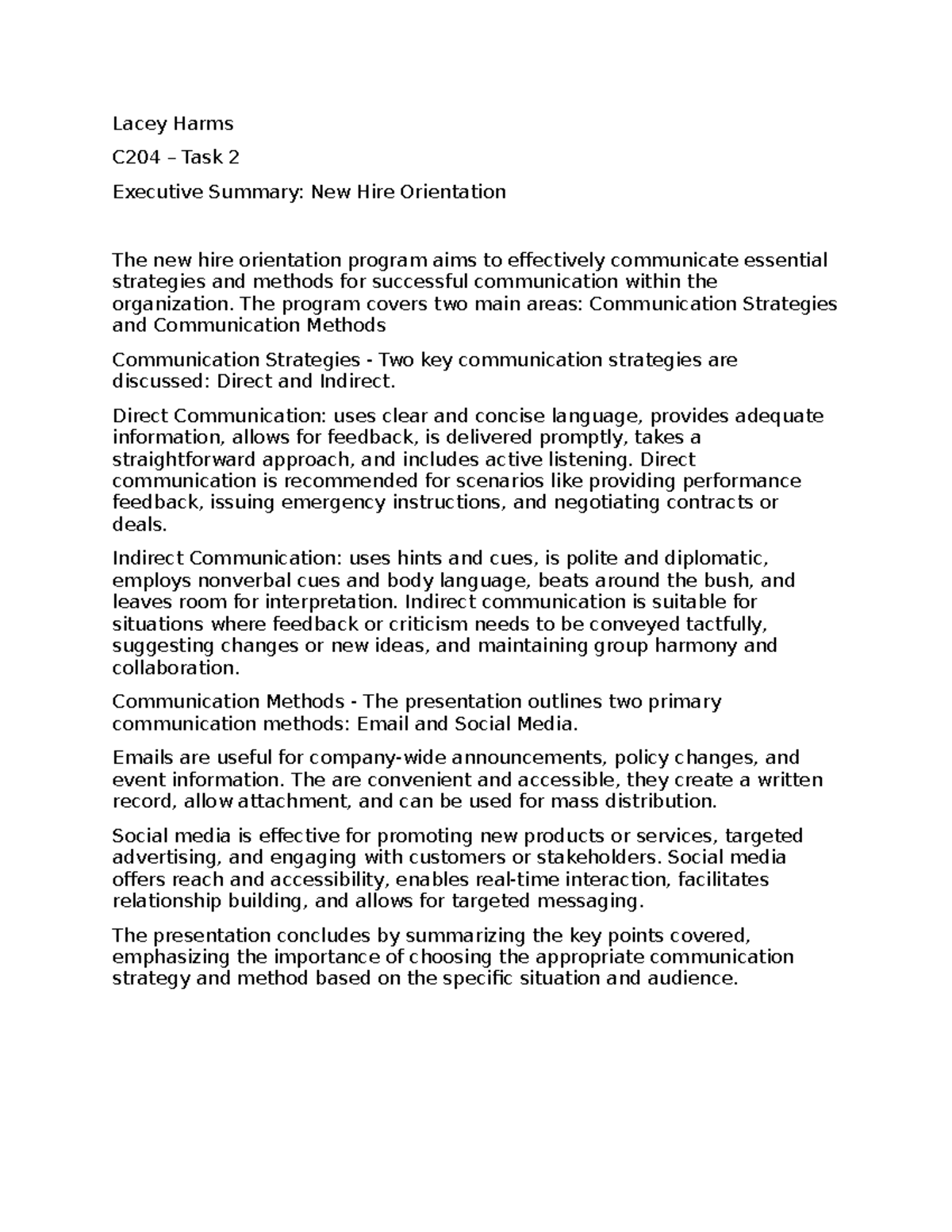 C204 - Task 2 - Executive Summary - Lacey Harms - Lacey Harms C204 ...