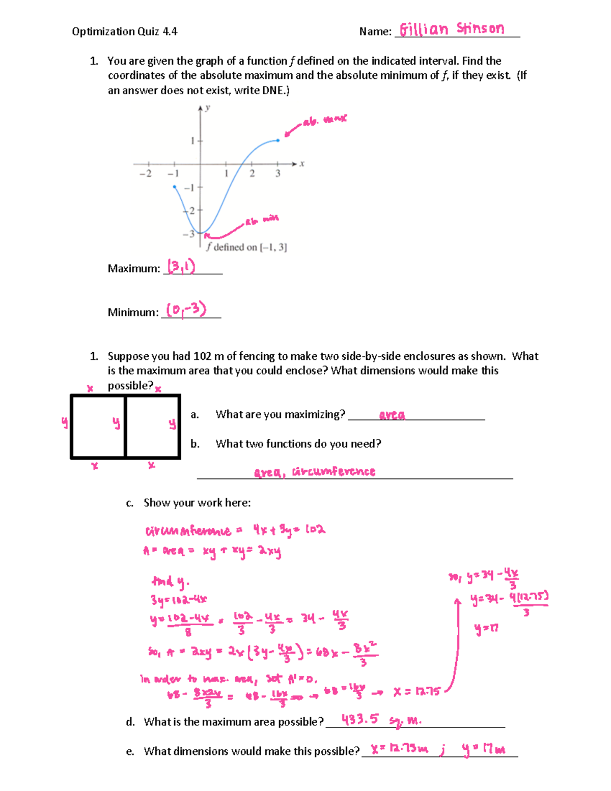 Take Home Quiz 3 Completed (Grade- 100) - Optimization Quiz 4 Name
