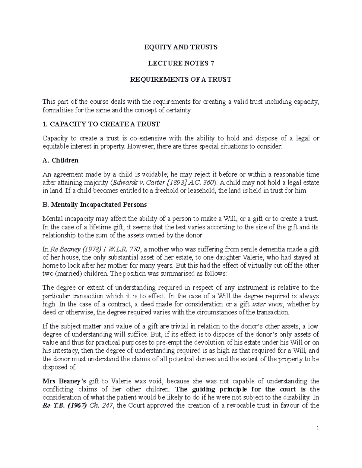 Equity 7, Requirements of a Trust - EQUITY AND TRUSTS LECTURE NOTES 7 ...