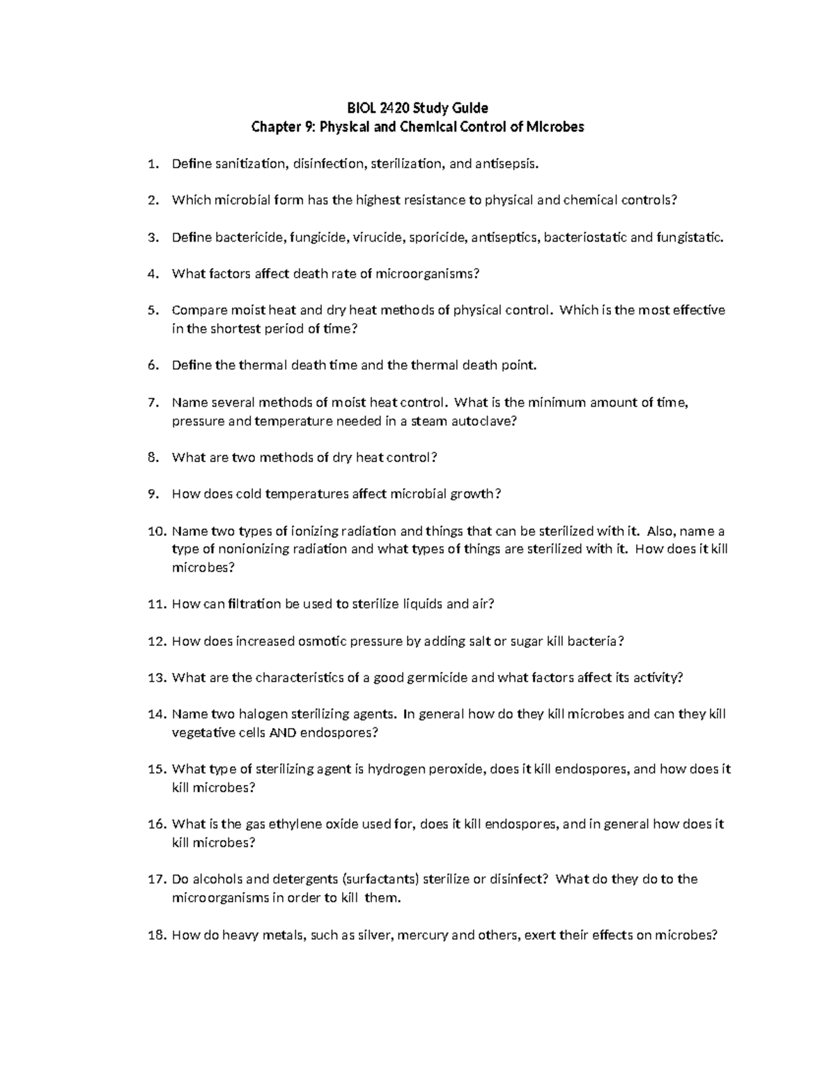 2420 Ch. 9- Study Guide-Physical and Chemical Control of Microbes ...