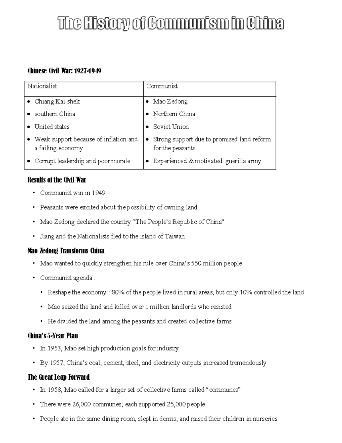 03 - Communism in China Notes pages 1 - Chinese Civil War: 1927 ...