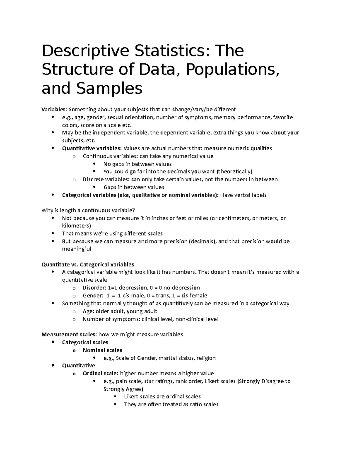 1. Descriptive Statistics. The Structure of Data, Populations, and ...