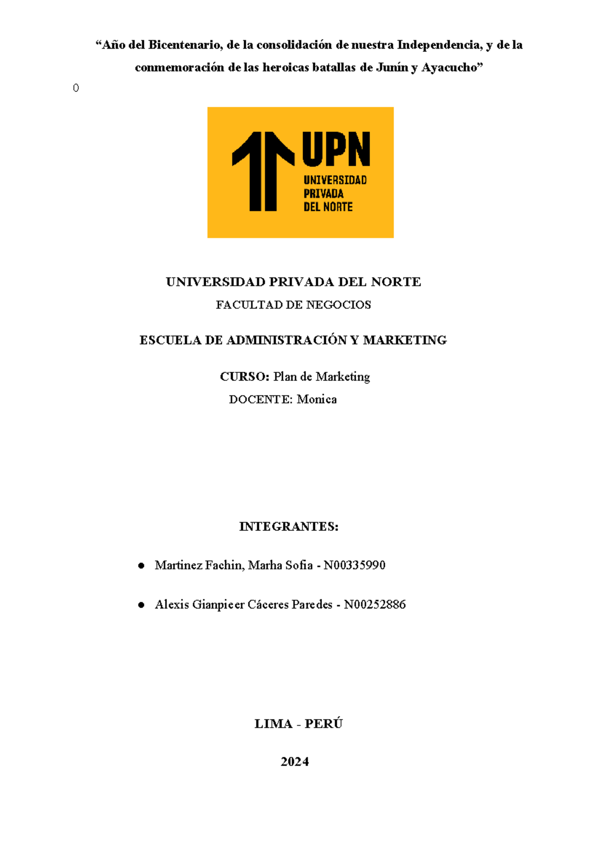 Plan de Marketing - dasasd - “Año del Bicentenario, de la consolidación ...