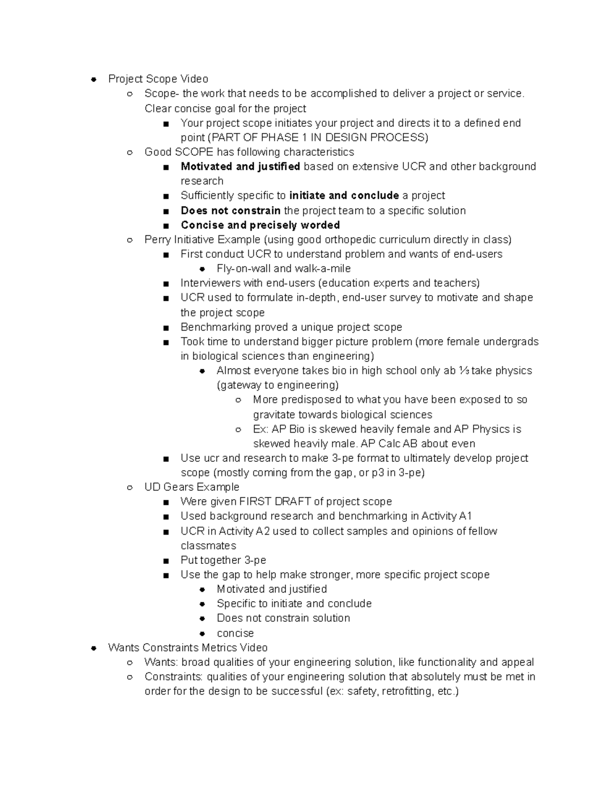 EGGG 101 - Week 3 Notes - Project Scope Video Scope- the work that ...