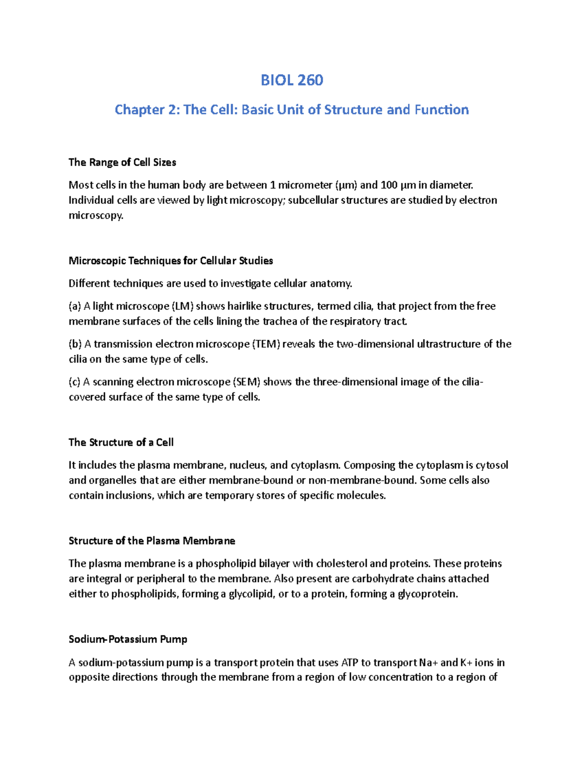 BIOL 260 Chapter 2 (Lesson) - BIOL 260 Chapter 2: The Cell: Basic Unit of Structure and Function ...