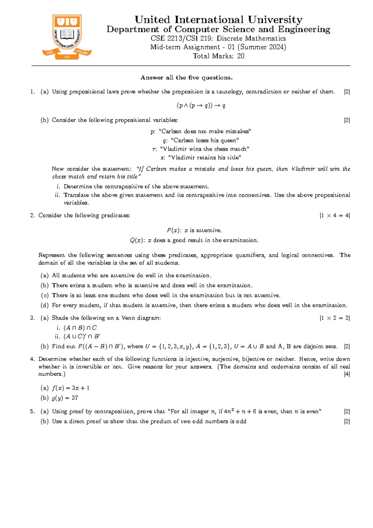 CSE 2213 Mid term 242 Assignment-01 - United International University Department of Computer ...