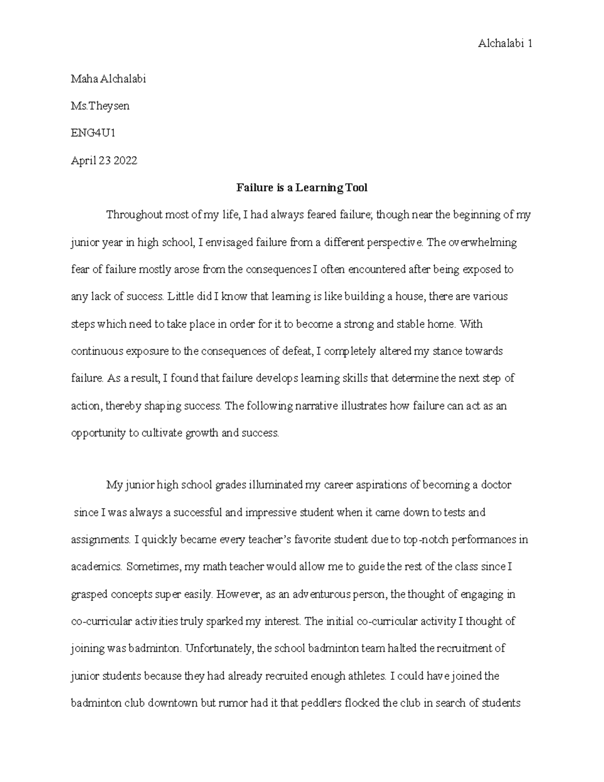 Writing the essay - Maha Alchalabi Ms ENG4U April 23 2022 Failure is a ...