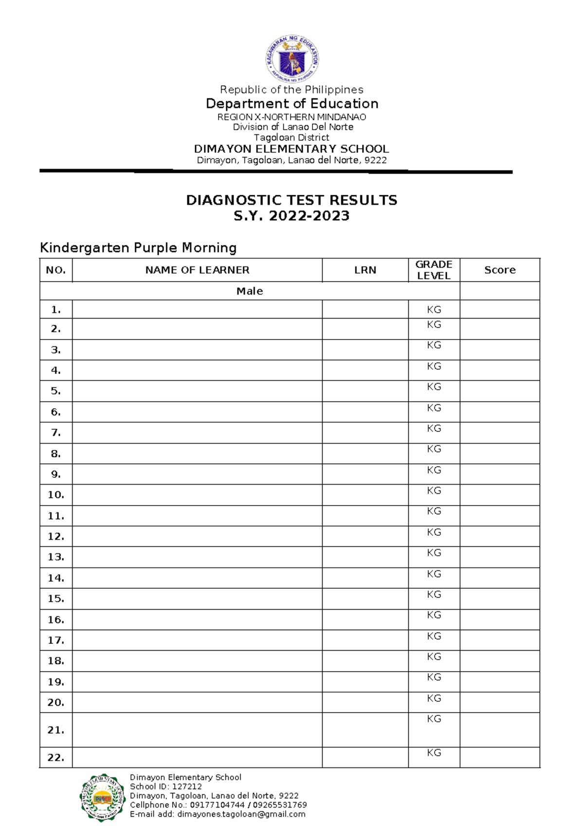 Diagnostic TEST Result Template - Dimayon Elementary School School ID ...