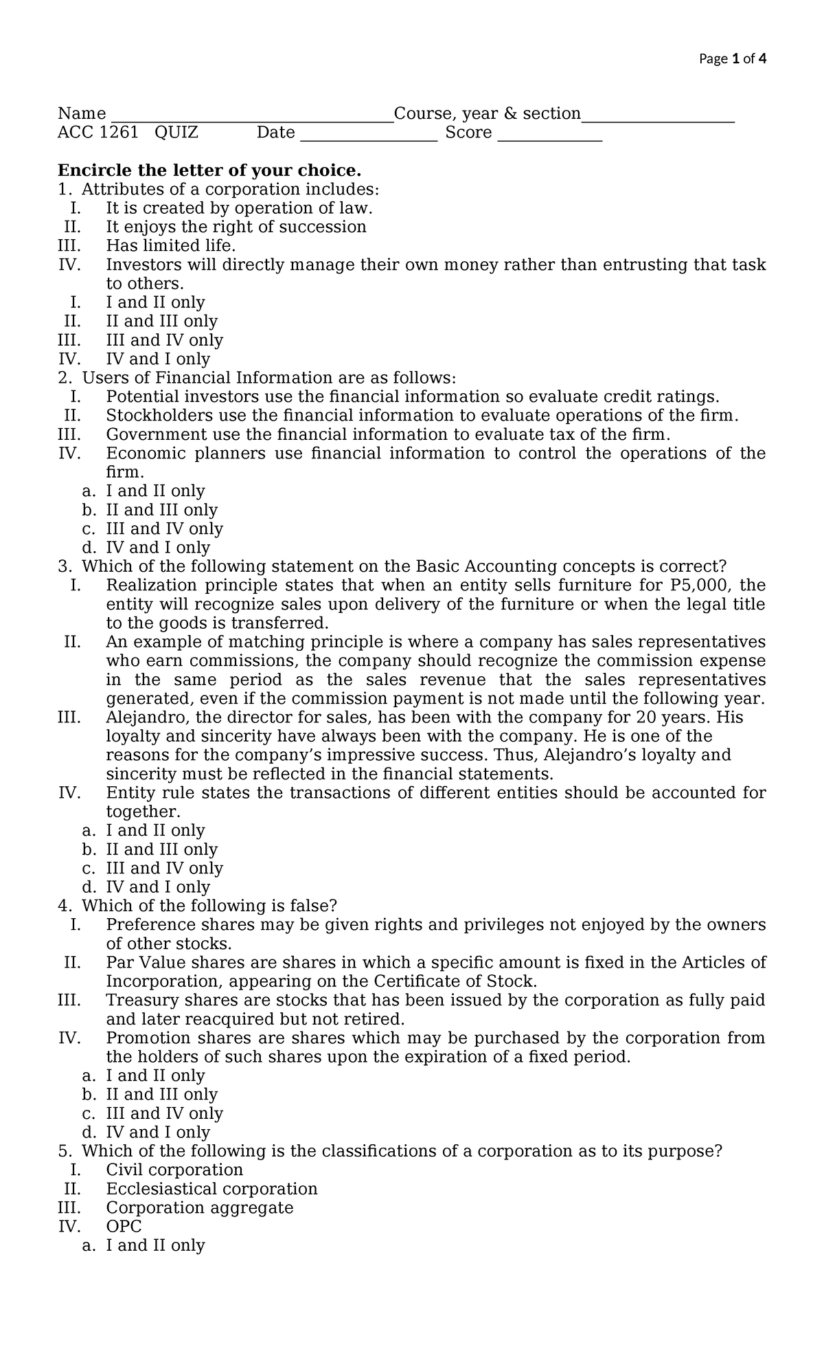 Pre Quiz Ex - Name ________________Course, year & section ACC 1261 QUIZ ...