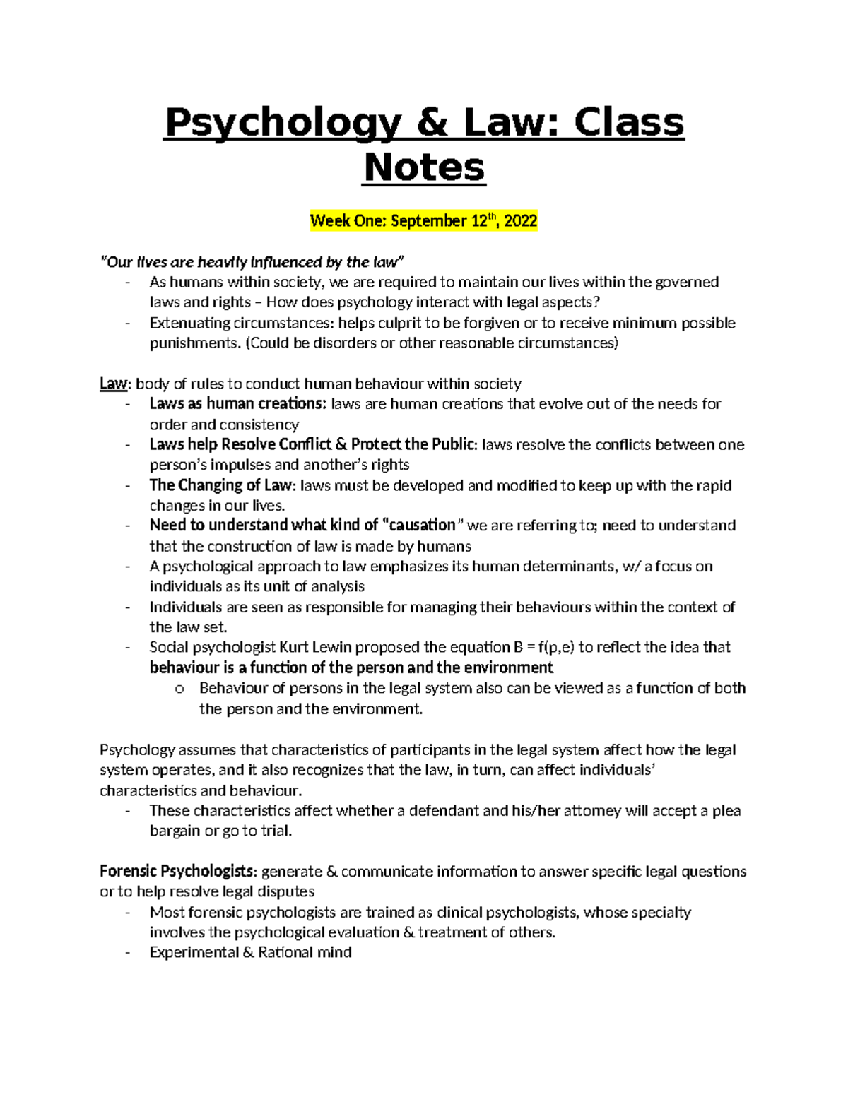 Psychology & Law Notes - Psychology & Law: Class Notes Week One ...