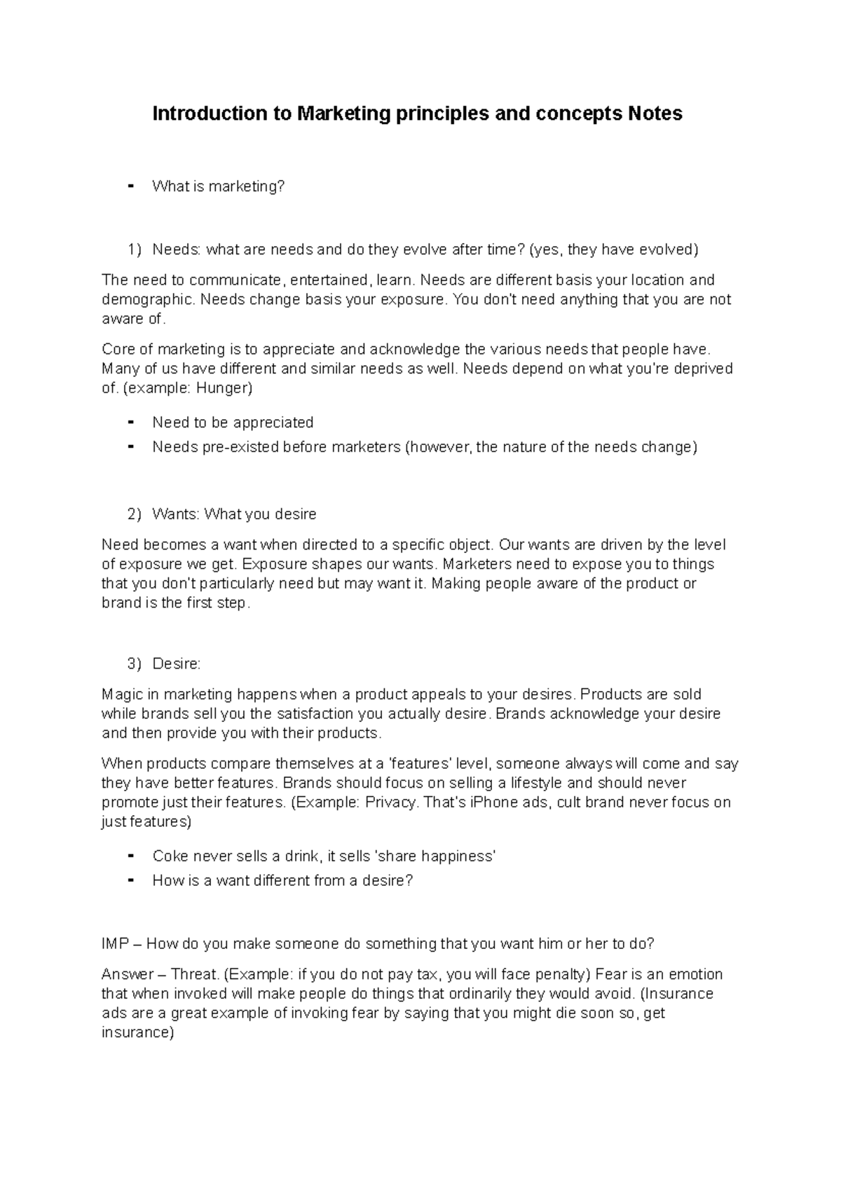Introduction to Marketing principles and concepts Notes - Needs are ...