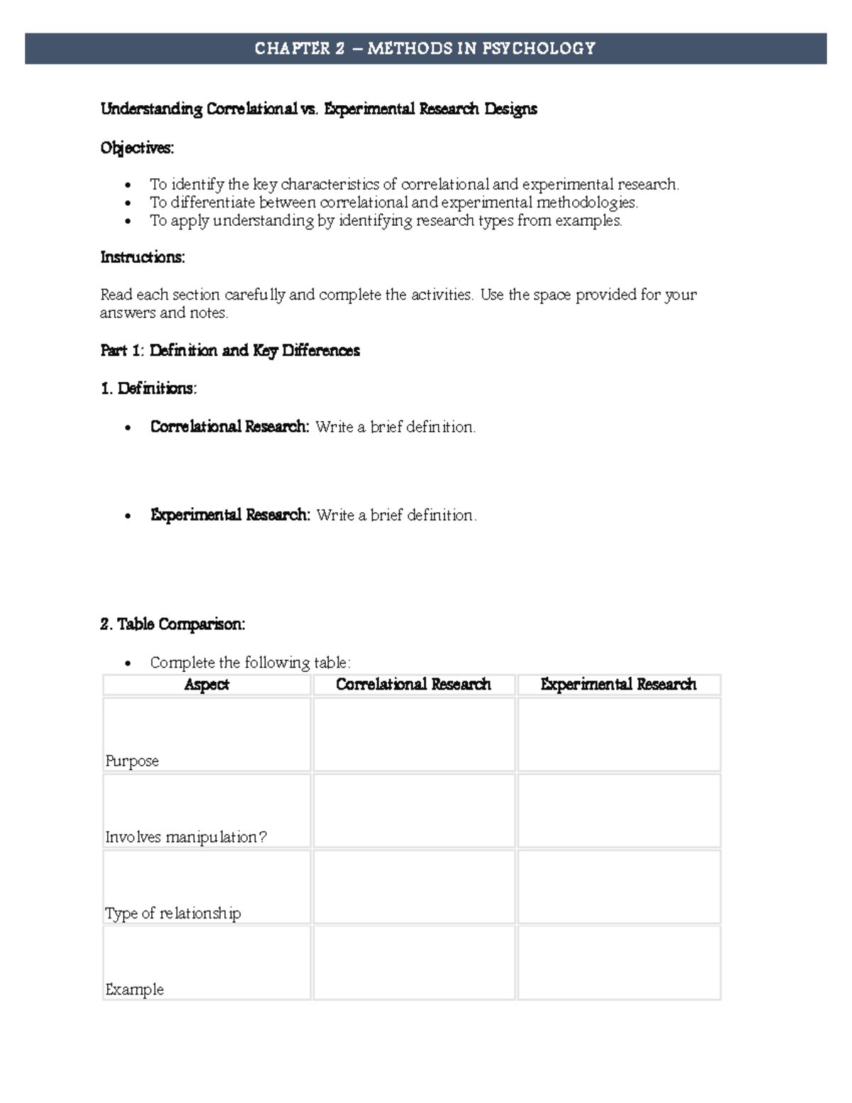 Worksheet - Chapter 2 - Correlational vs. Experimental Design - CHAPTER ...