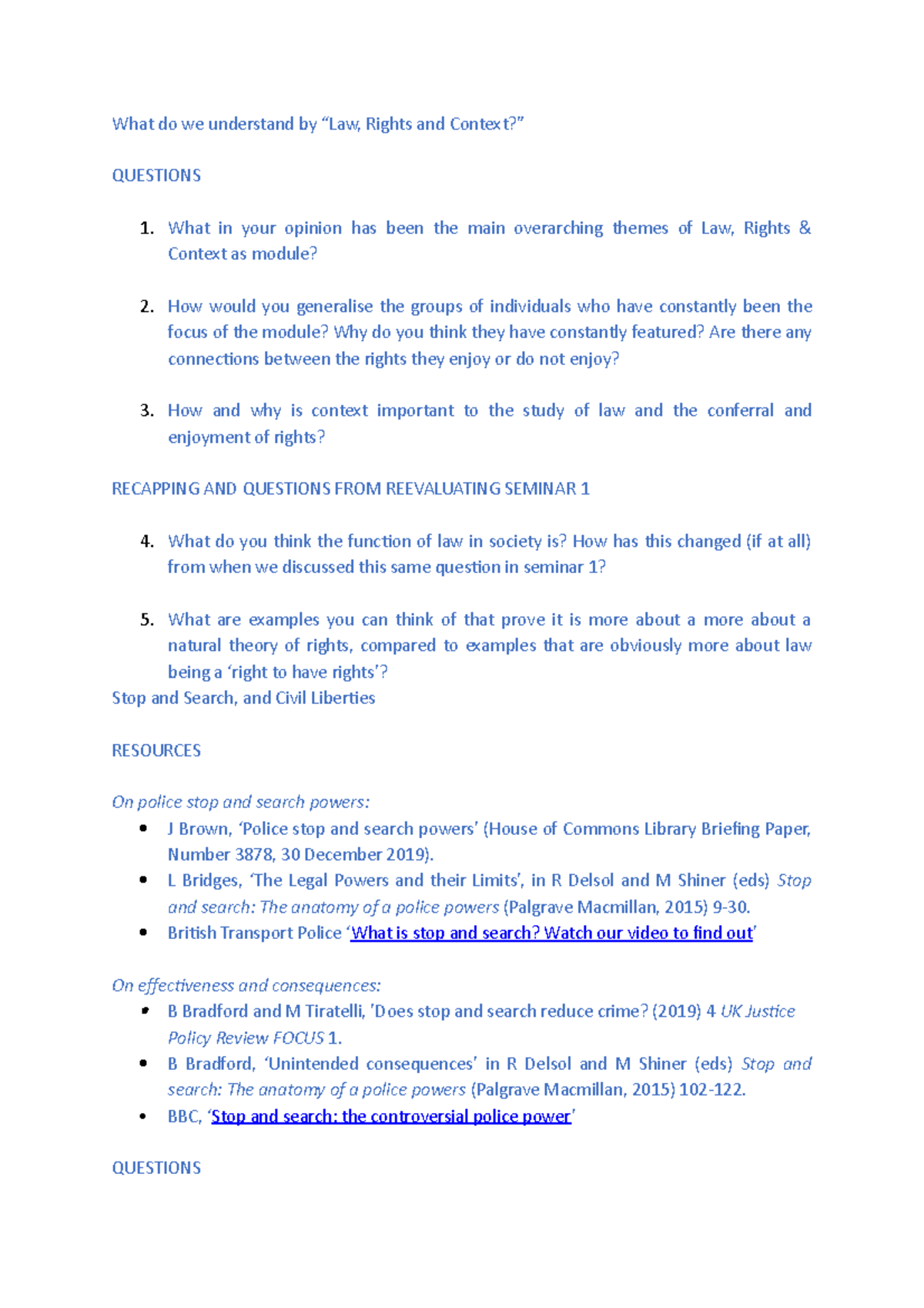 Law lecture prep and reading - What do we understand by “Law, Rights ...