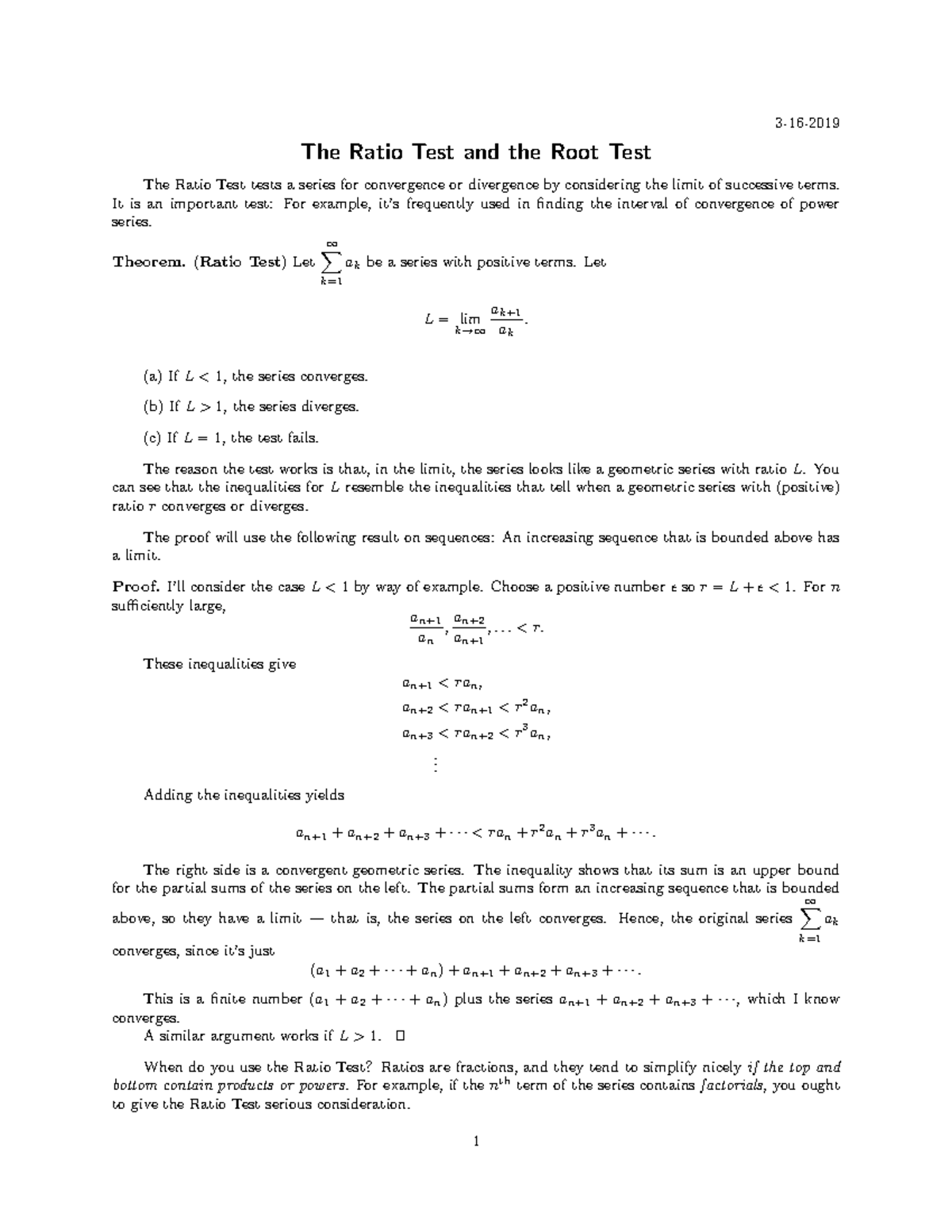 Ratio and root test - 3-16- The Ratio Test and the Root Test The Ratio ...