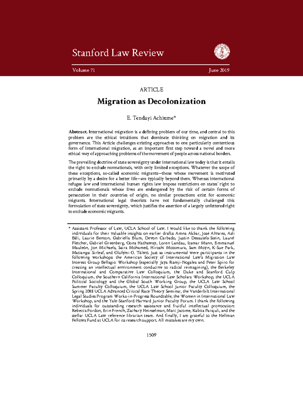 Achiume 71 Stan. L - Volume 71 June 2019 Stanford Law Review ARTICLE ...