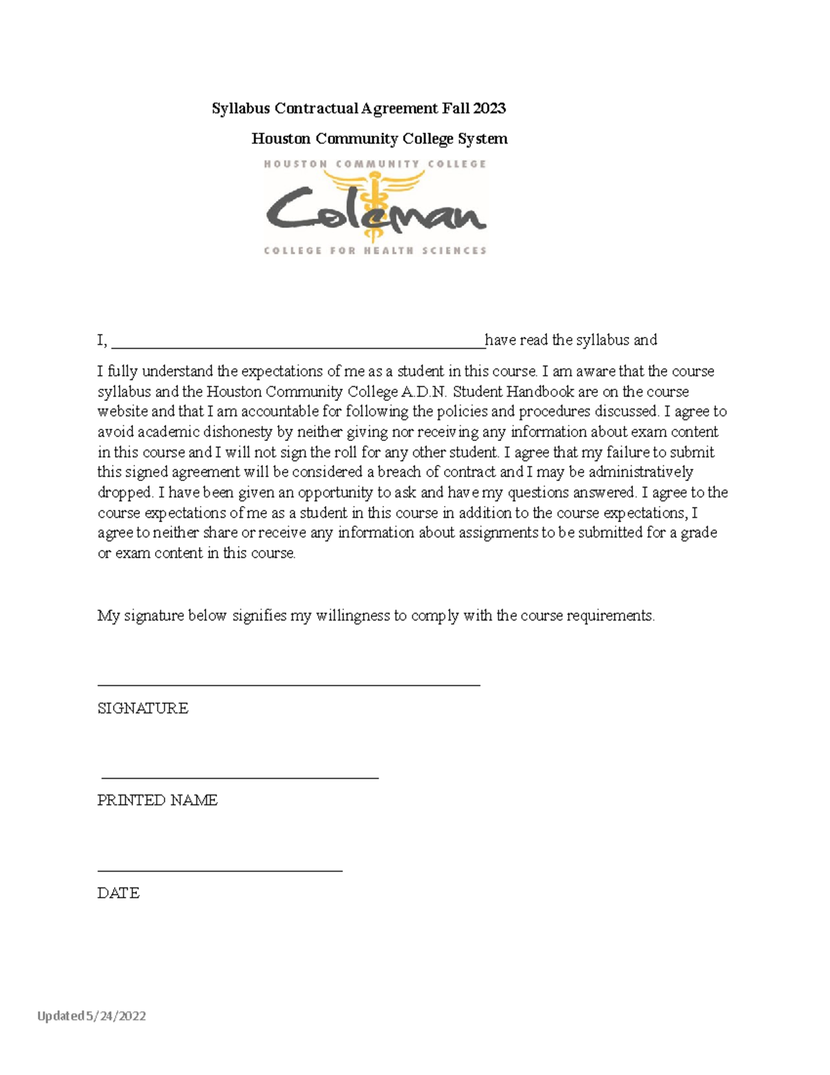 Syllabus Contractual Agreement 2023 - Updated 5/24/ Syllabus ...