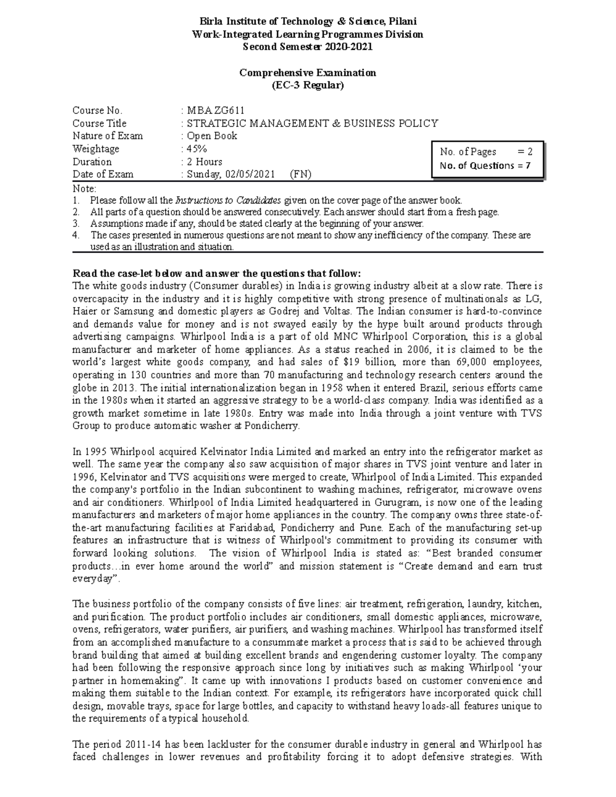 SMBP sample ques paper final - Birla Institute of Technology & Science ...