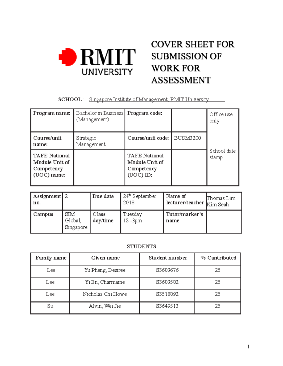 Strategic Management Assignment 2 - SCHOOL: Singapore Institute of ...