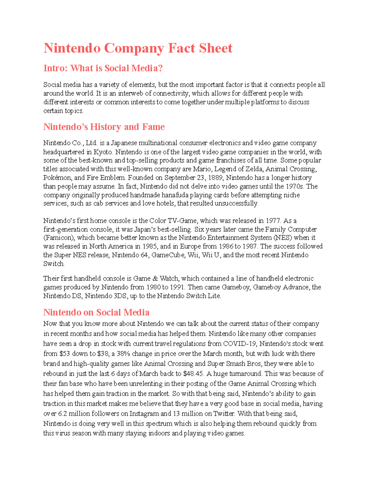 CIS 280 Social Media Fact Sheet - Nintendo Company Fact Sheet Intro ...