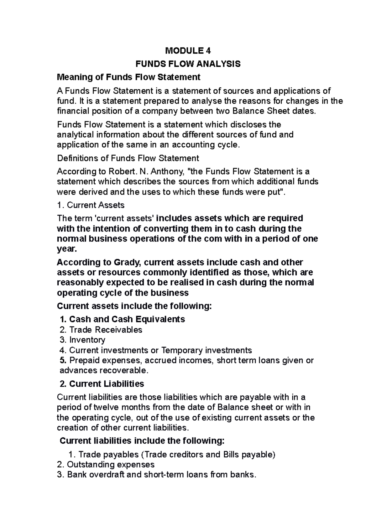 Manegement Module 4 - MODULE 4 FUNDS FLOW ANALYSIS Meaning of Funds ...