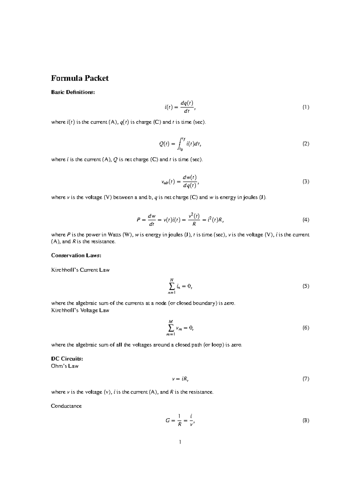 Formula Sheet - N/A - Formula Packet Basic Definitions: i(t) =dqdt(t ...