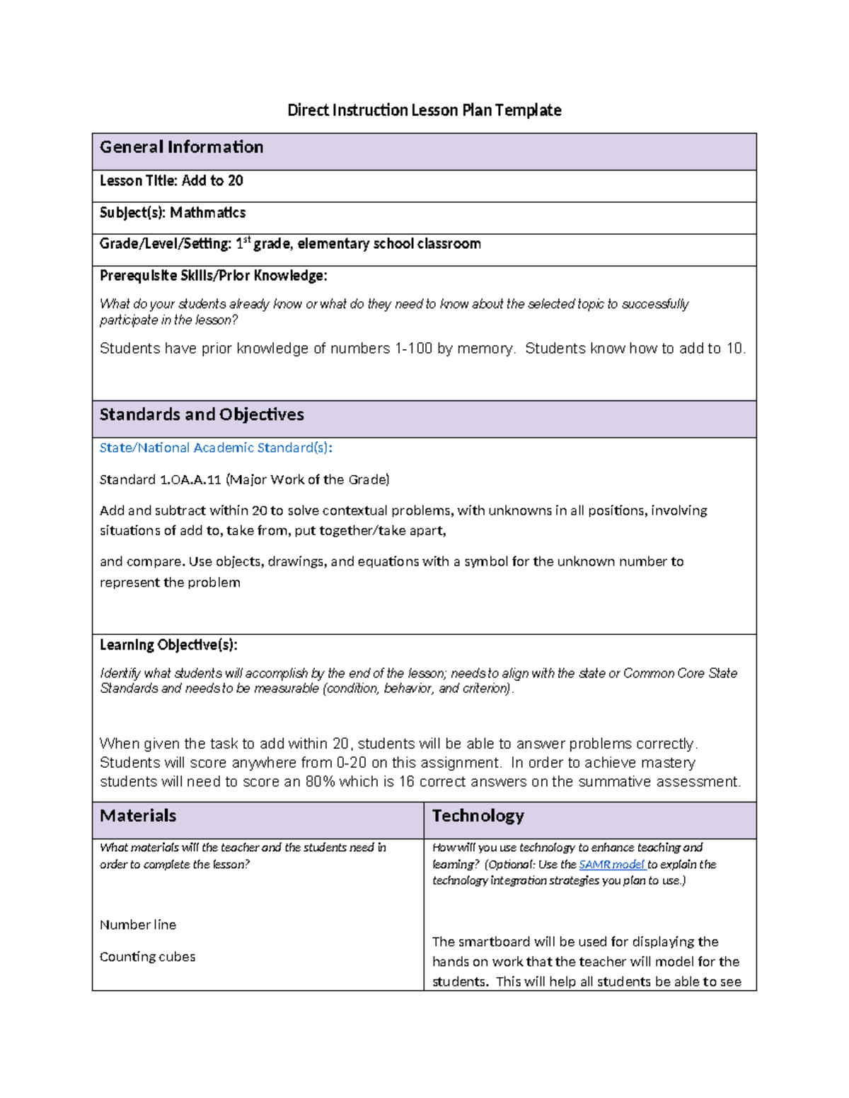 Math lesson plan - Direct Instruction Lesson Plan Template General ...