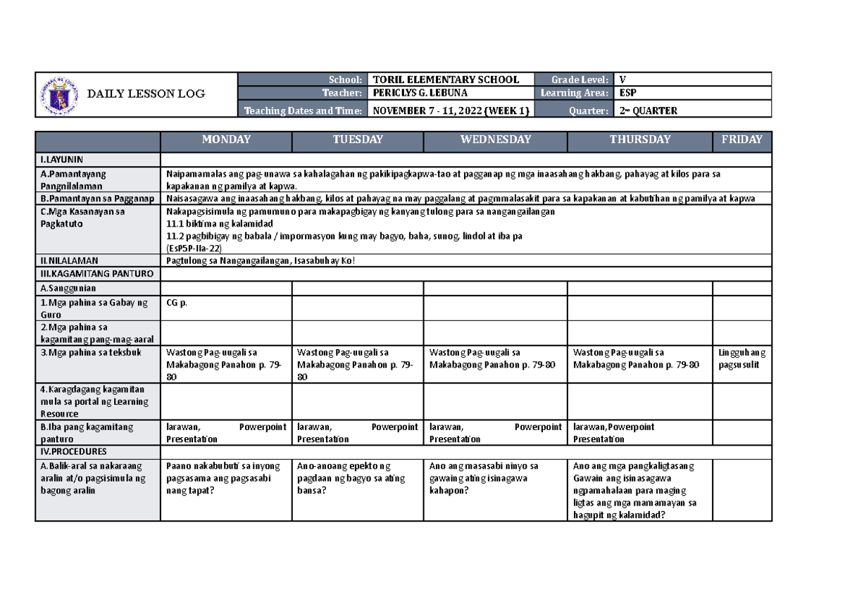 ESP 5 Week 1 - lesson log - DAILY LESSON LOG School: TORIL ELEMENTARY ...