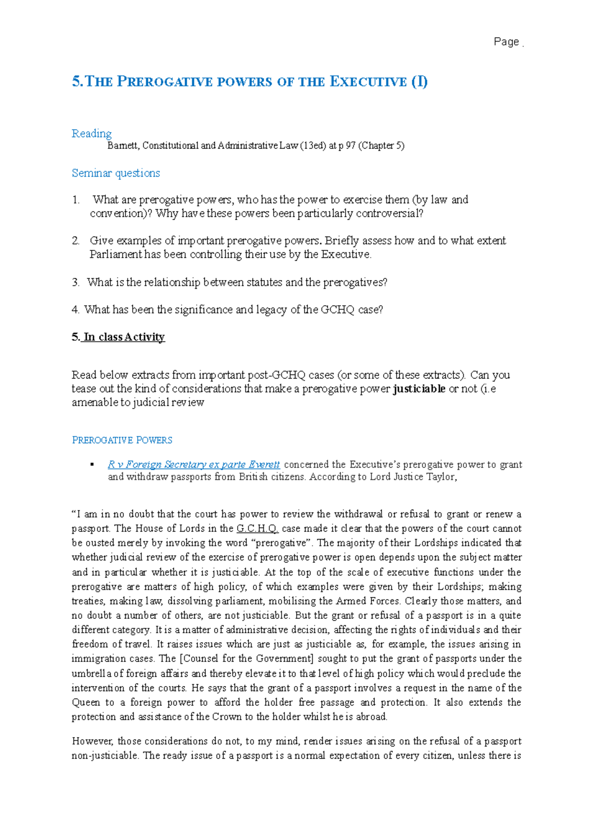 Prerogative Powers - 5 PREROGATIVE POWERS OF THE EXECUTIVE (I) Reading ...