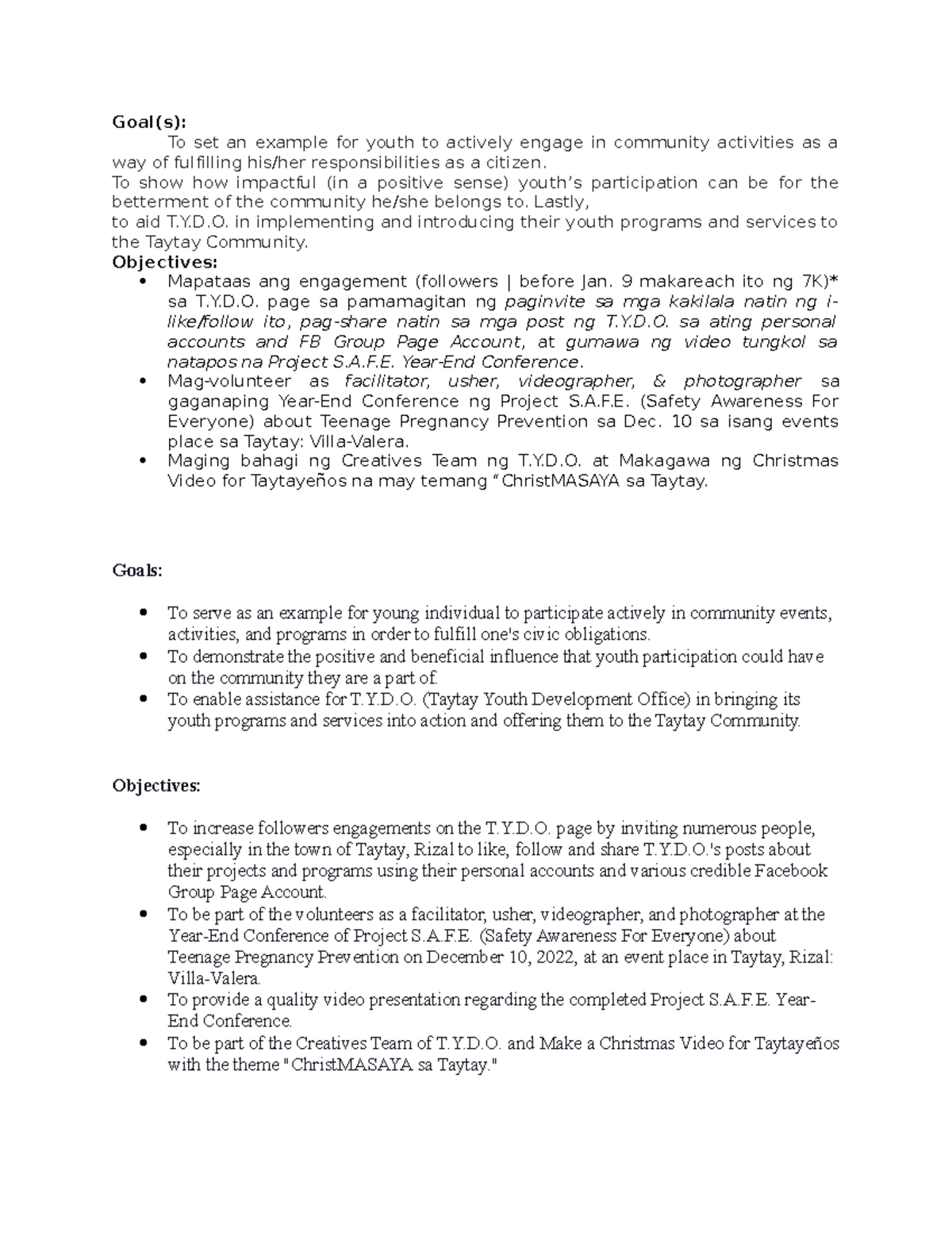 CWTS GOAL AND Objectives - Goal(s): To set an example for youth to ...