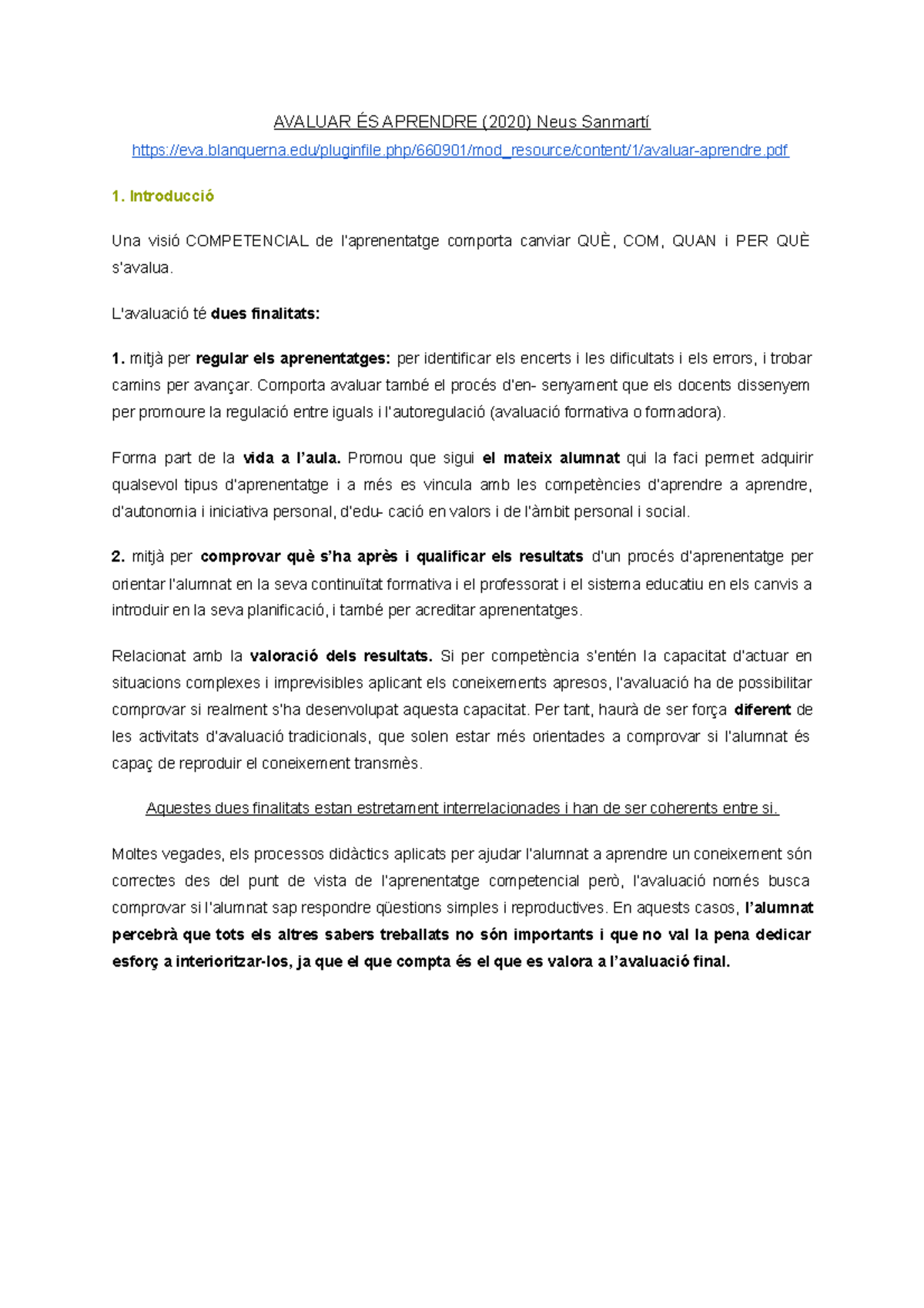 Avaluar ÉS Aprendre (2020) Neus Sanmartí - AVALUAR ÉS APRENDRE (2020) Neus Sanmartí - Studocu