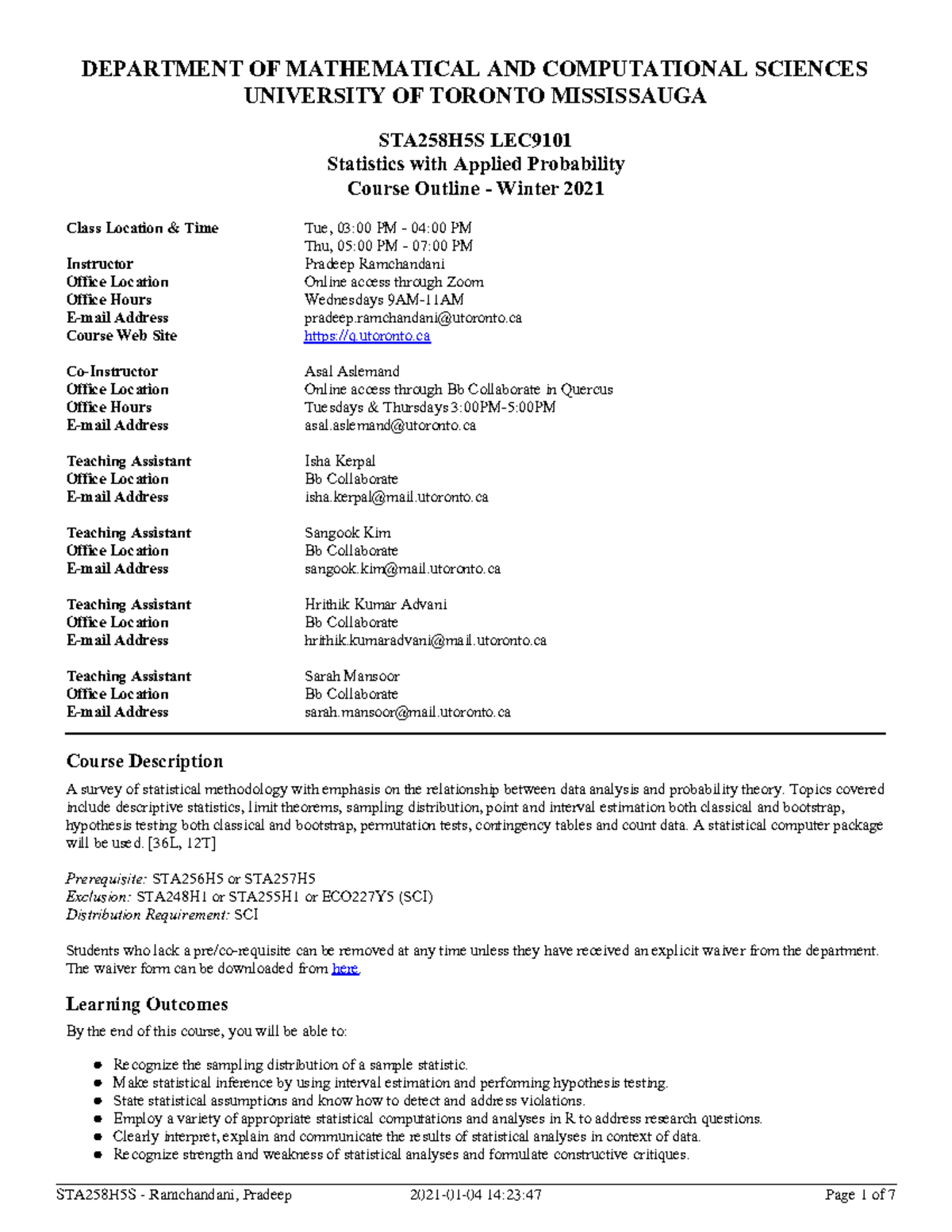 20211 STA258 H5S LEC9101 syllabus - DEPARTMENT OF MATHEMATICAL AND ...