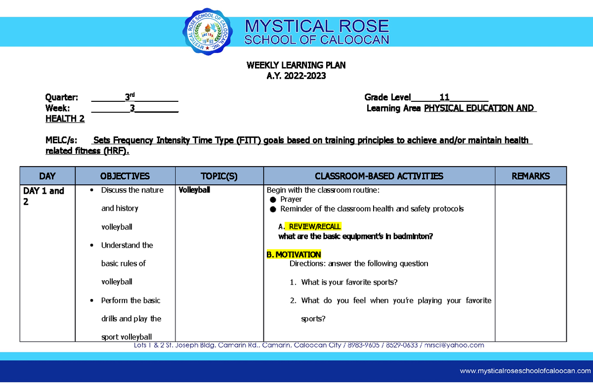 Weekly- Learning-PLAN Classrom- Based-WEEK-1-AND-2 Volleball - WEEKLY ...