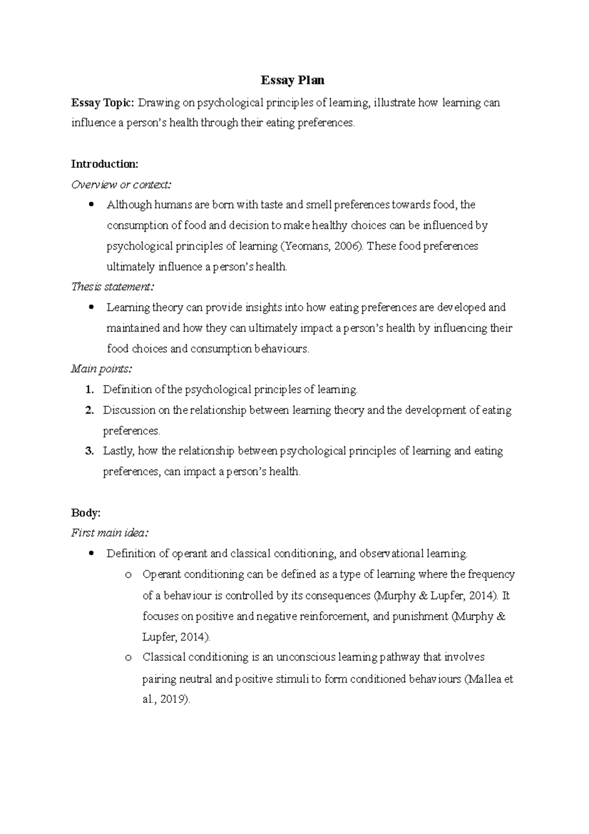 Psych Concepts - Essay Plan - Essay Plan Essay Topic: Drawing on ...