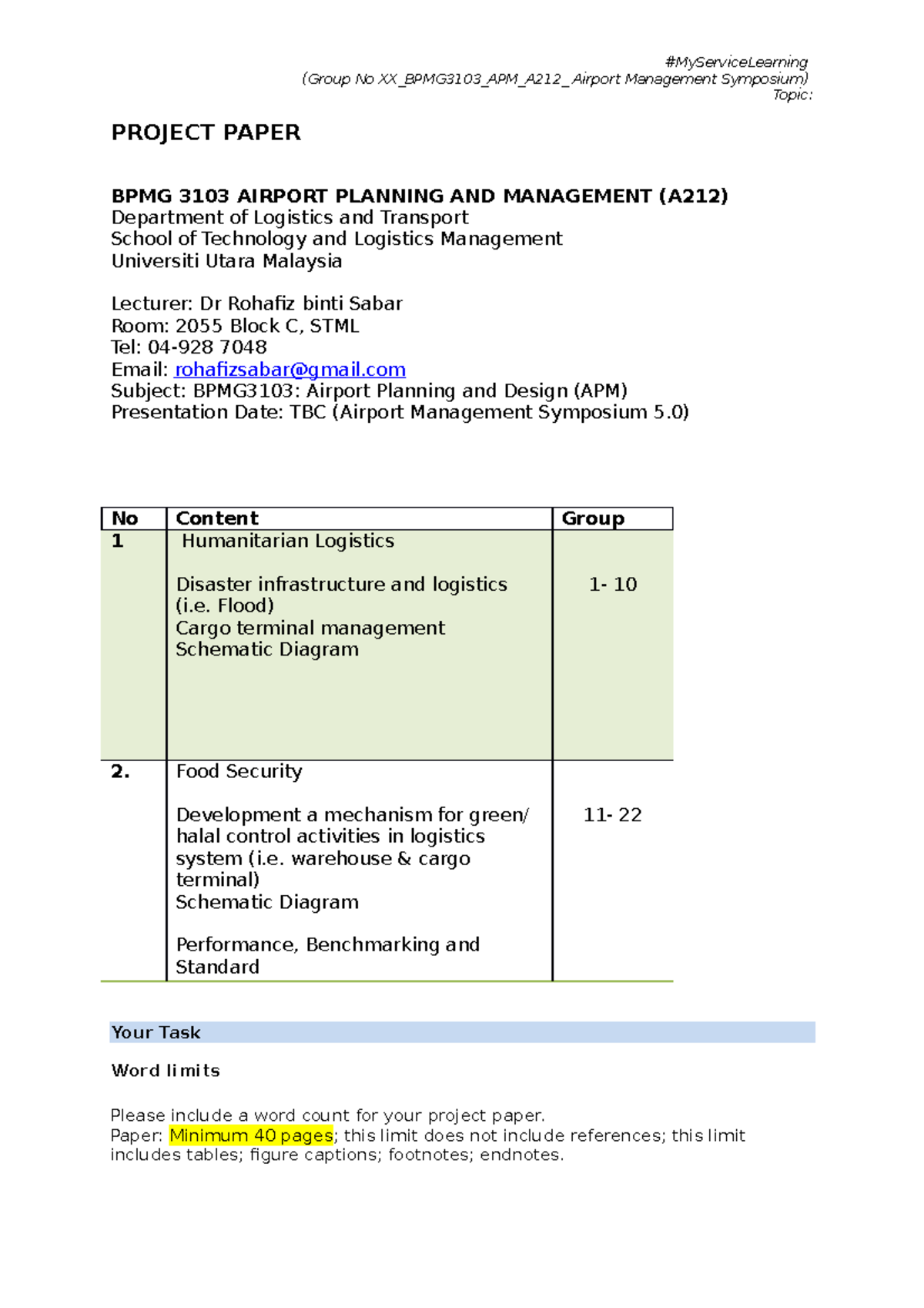 BPMG3103 Guidelines APM Full Project Paper A212 AMS 5 - (Group No XX ...