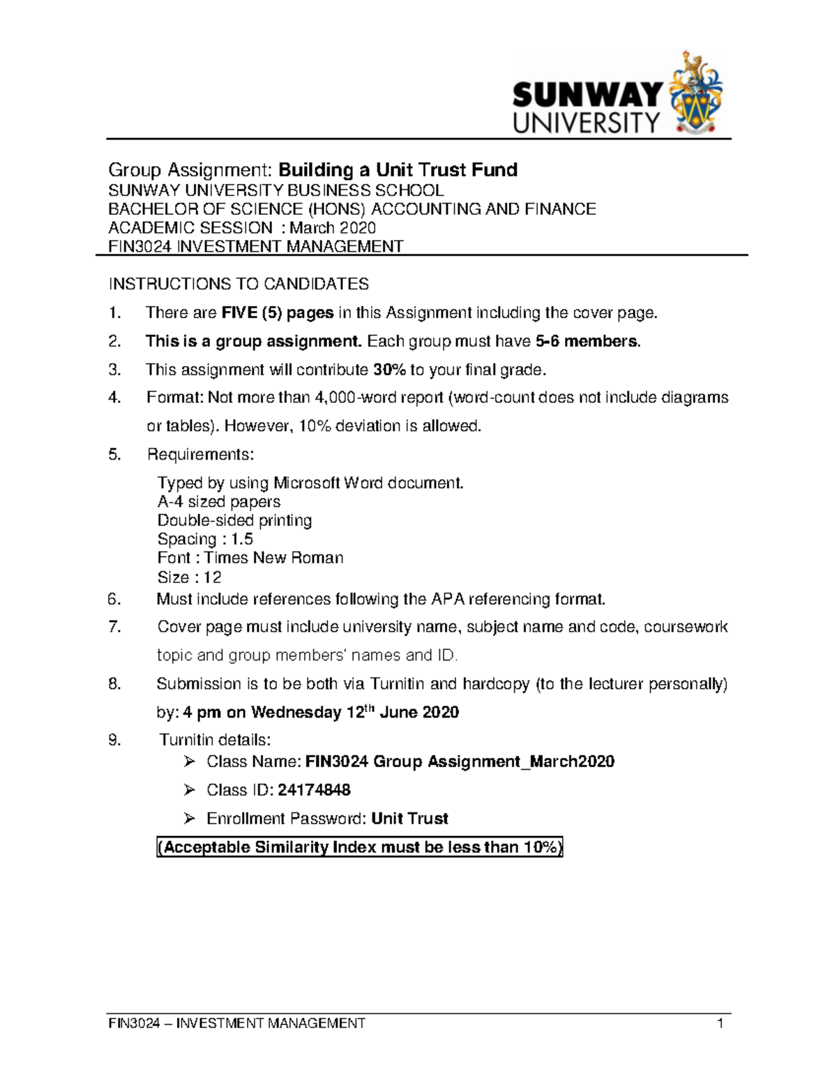 April Assignment - Group Assignment: Building a Unit Trust Fund SUNWAY ...
