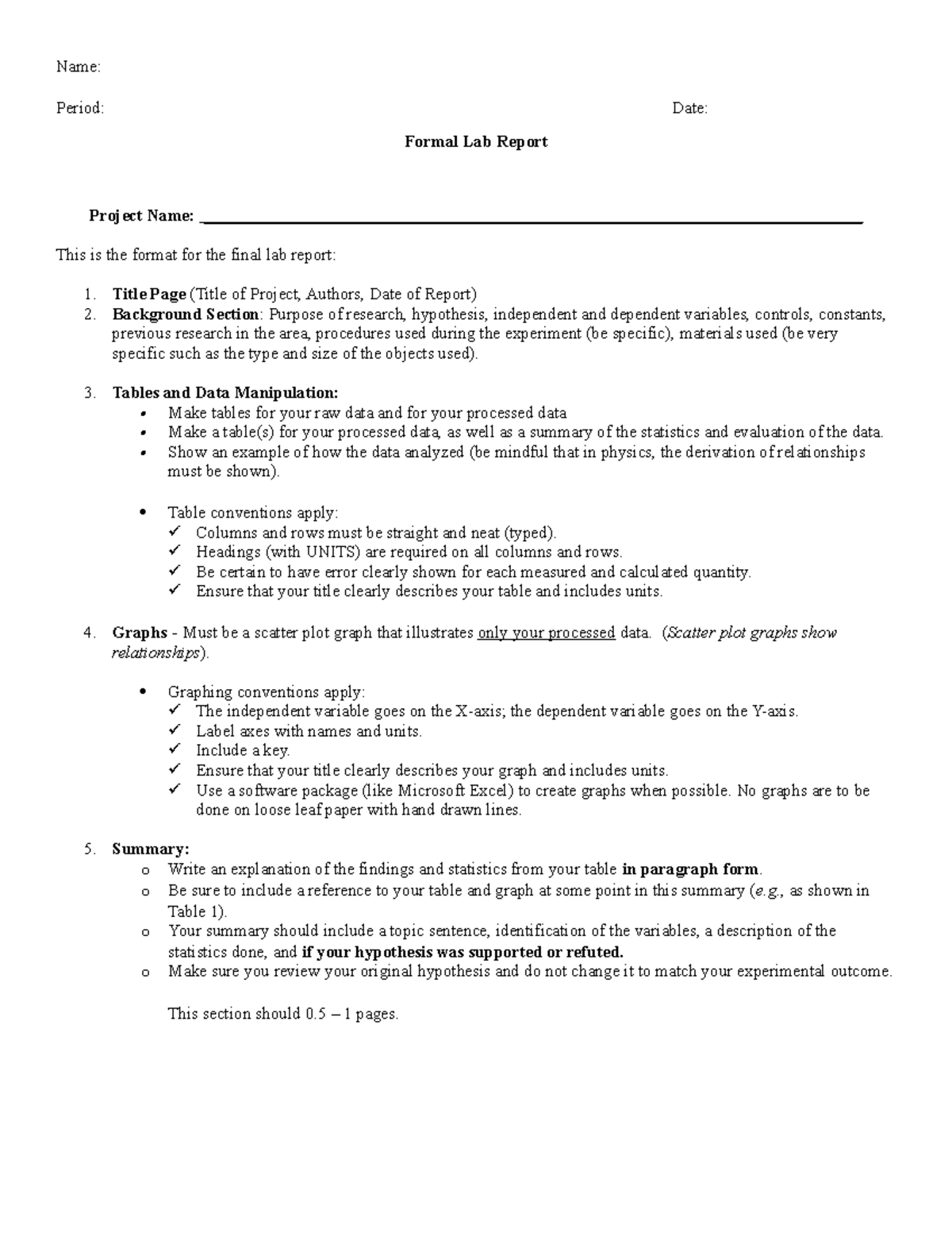 Final Lab Report and Rubric - Name: Period: Date: Formal Lab Report ...