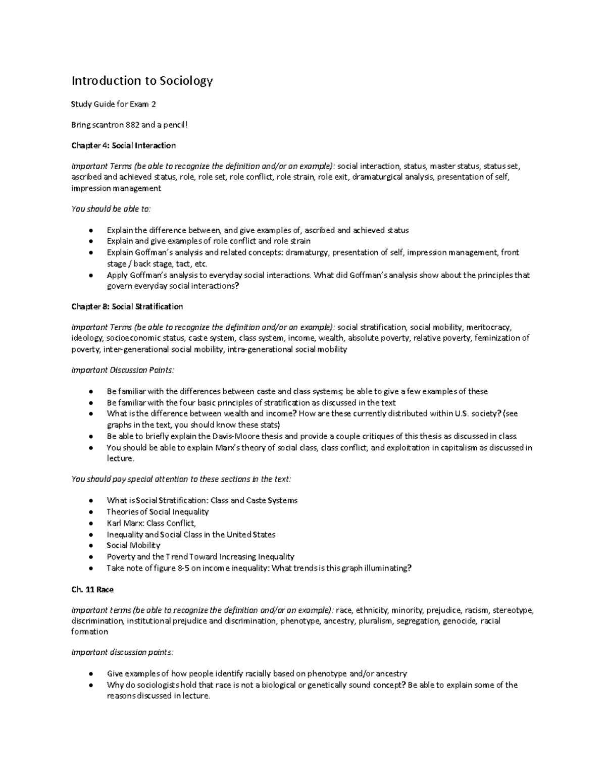 Intro Study Guide Exam 2-1 - Introduction to Sociology Study Guide for ...