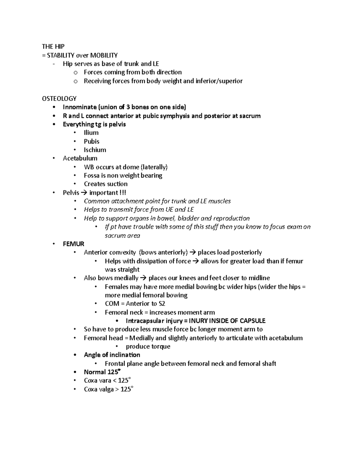 THE HIP - Notes for exam review. - THE HIP = STABILITY over MOBILITY ...