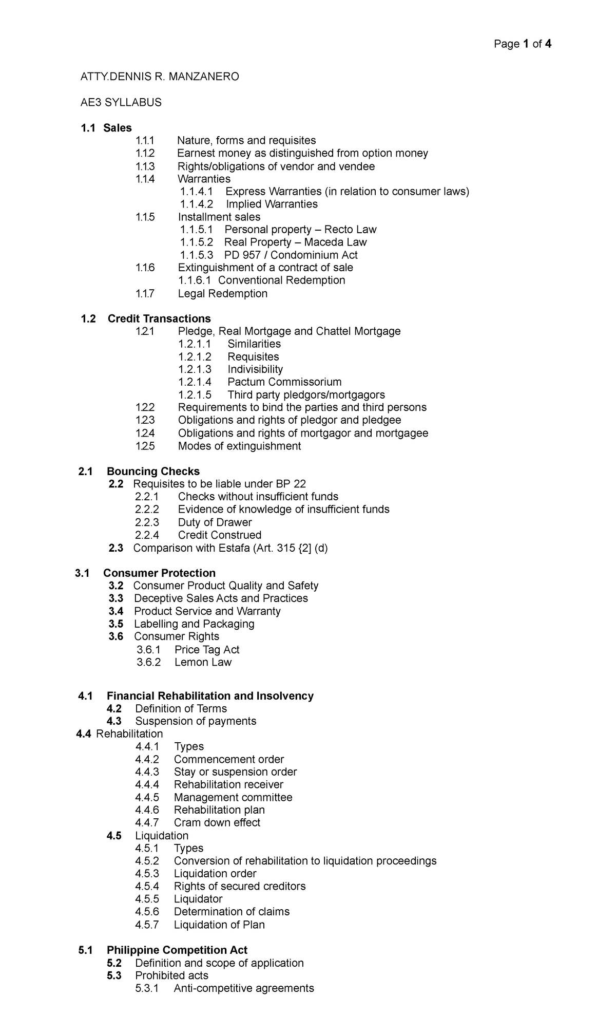 AE3- Syllabus - ATTY R. MANZANERO AE3 SYLLABUS 1 Sales 1.1 Nature ...