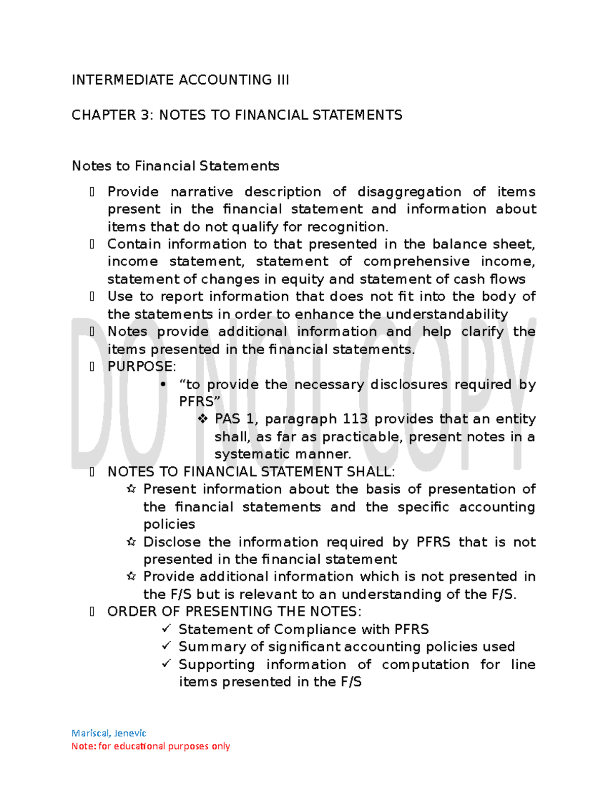 Chapter 3 Notes To Financial Statementsq INTERMEDIATE ACCOUNTING III