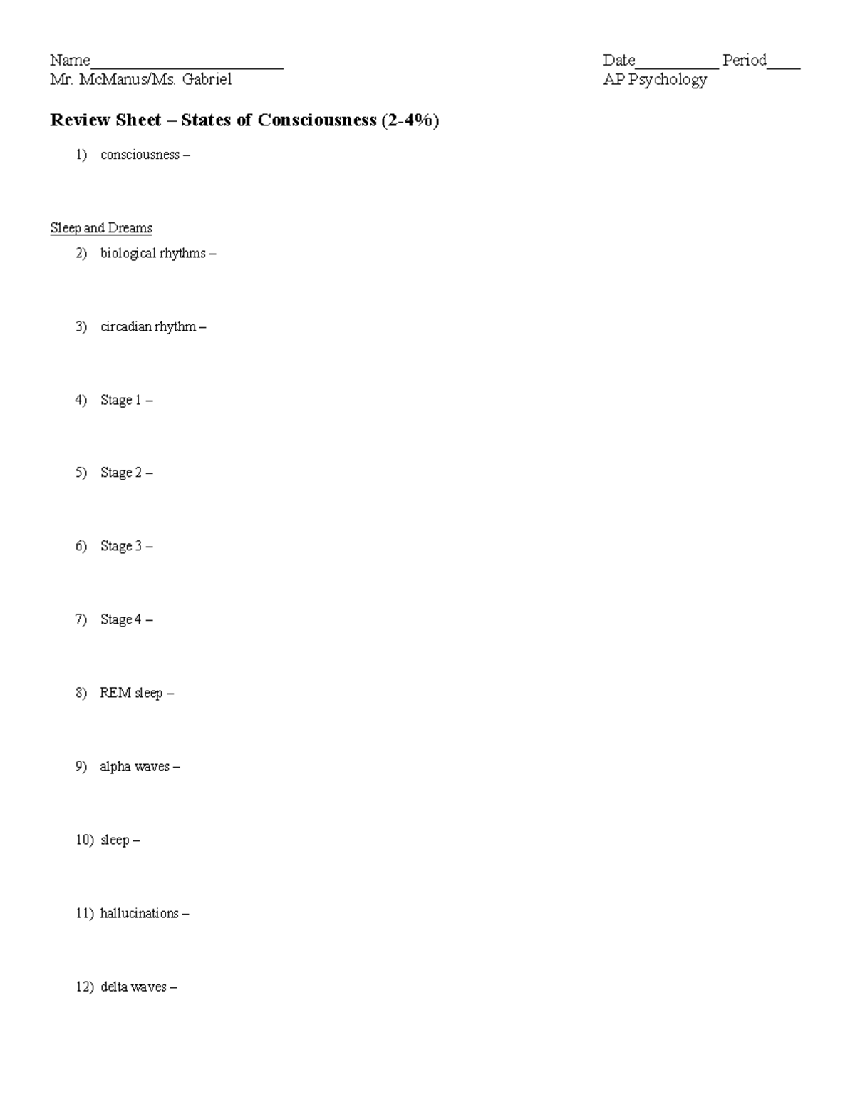 Review Sheet - States of Consciousness - Name ...