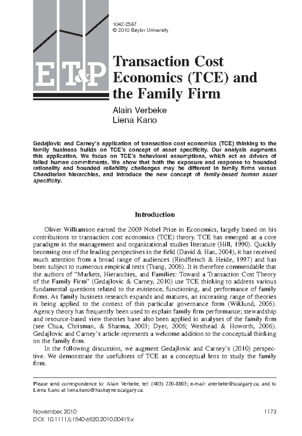 Transaction Cost Economics TCE and the Family Firm - etap_419 1173 ...