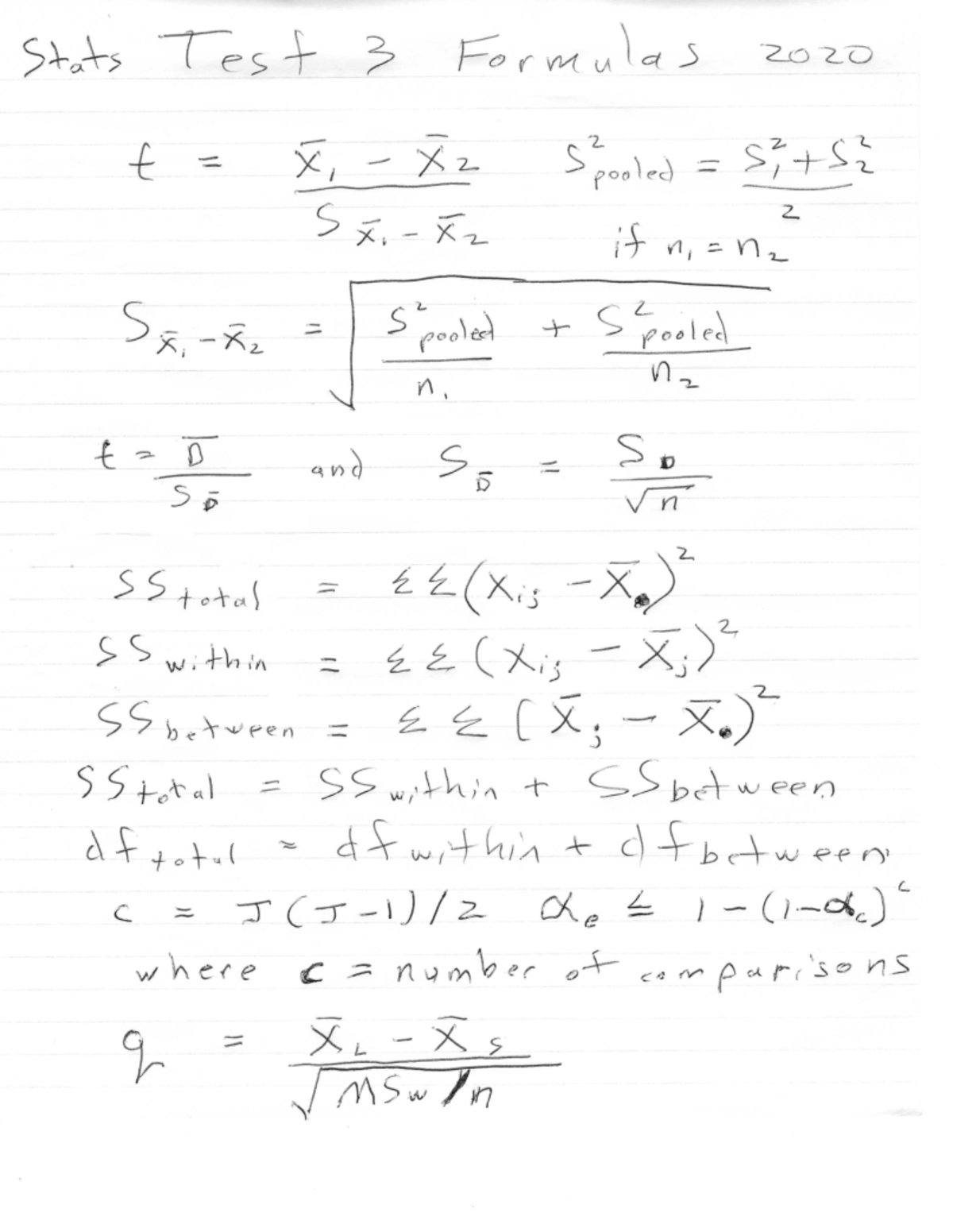 2023 Test 3 Formulas - Formula sheet for. test 3 - PSYC 2020 - Studocu