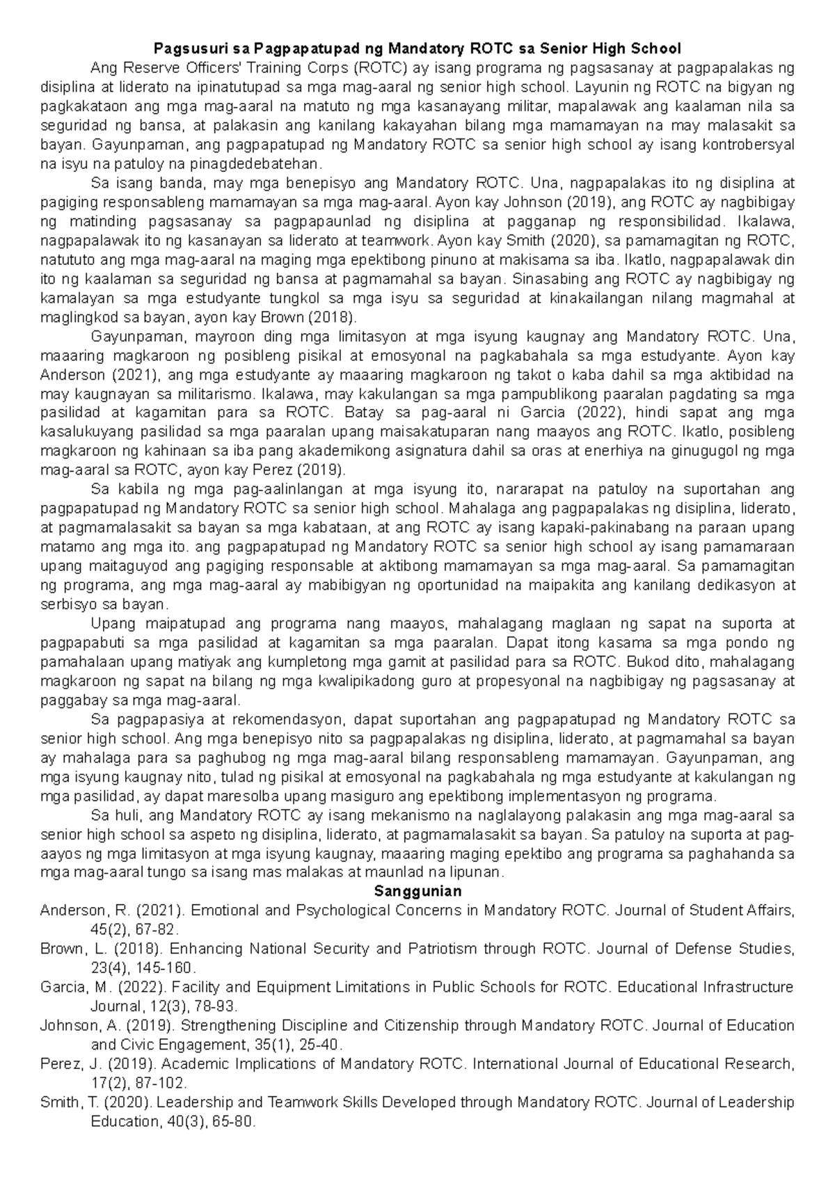 2 Posisyong Papel - Pagsusuri sa Pagpapatupad ng Mandatory ROTC sa Senior High School Ang ...