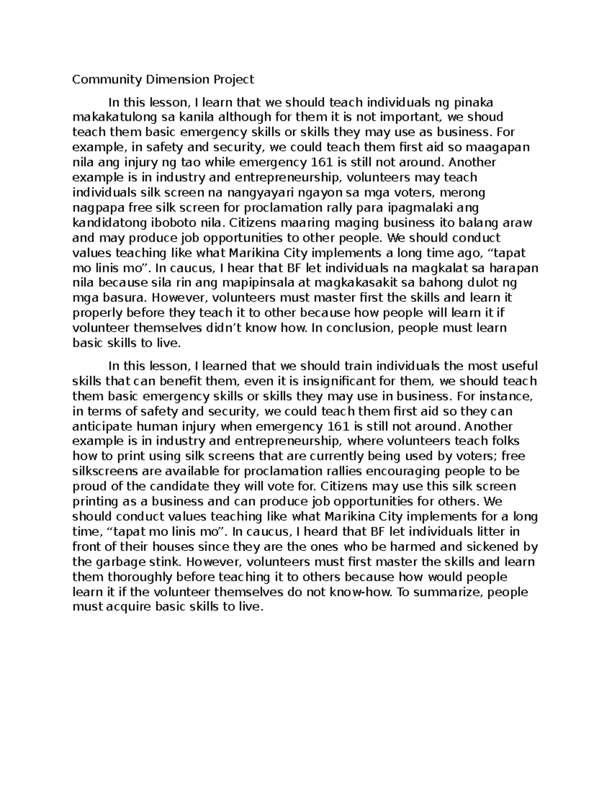 NSTP Reflection Paper #4 - Community Dimension Project In this lesson ...