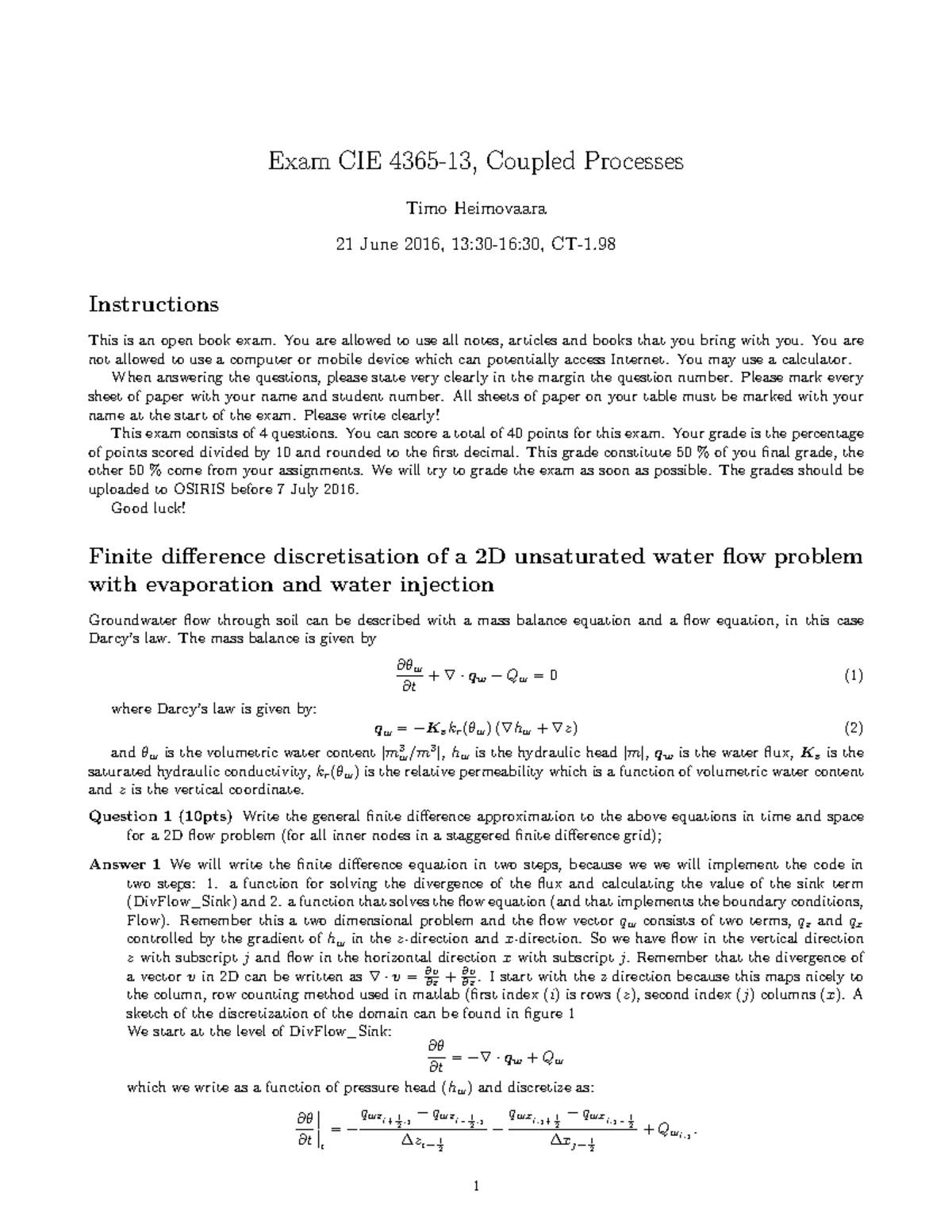 Tentamen 21 Juni, vragen en antwoorden - Exam CIE 4365-13, Coupled Processes Timo Heimovaara 21 ...